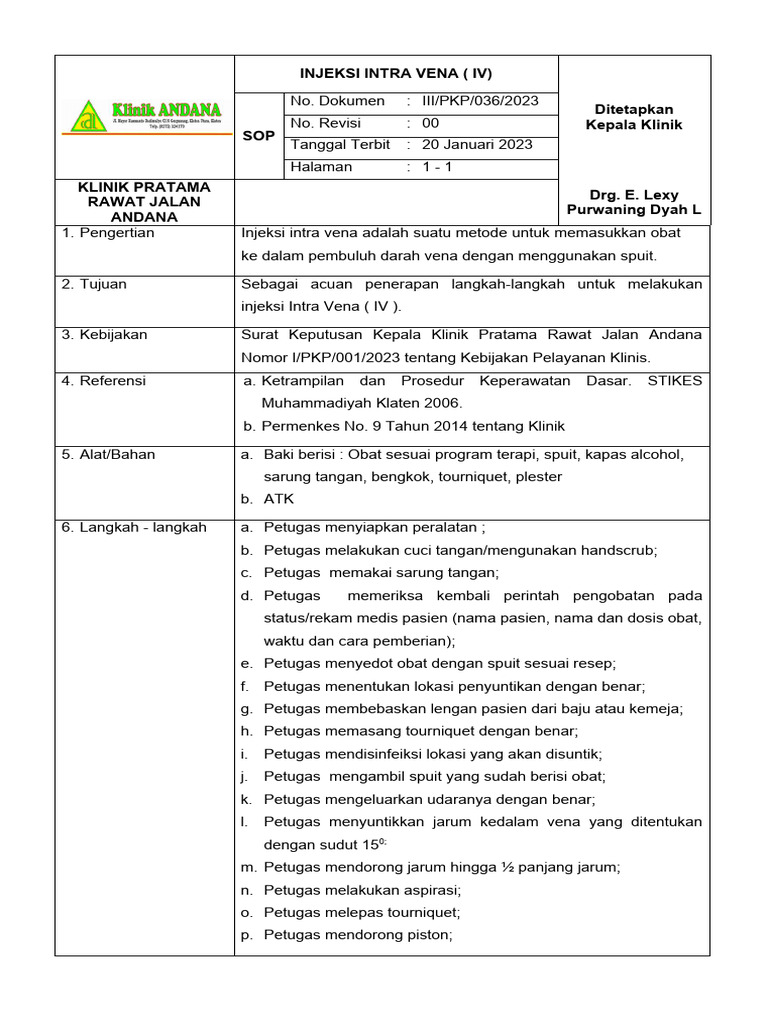 Sop Injeksi Intra Vena (IV) | PDF