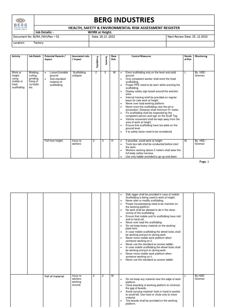 Work at Height Risk Assessment Guide | PDF | Scaffolding | Risk
