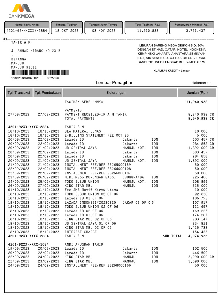 E-Statement Bank Mega - ESVGOLD20231019095243 - 25026 | PDF