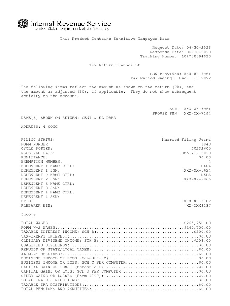 202212-Tax Return Transcript-DARA-104758594023 | PDF | Income Tax In ...