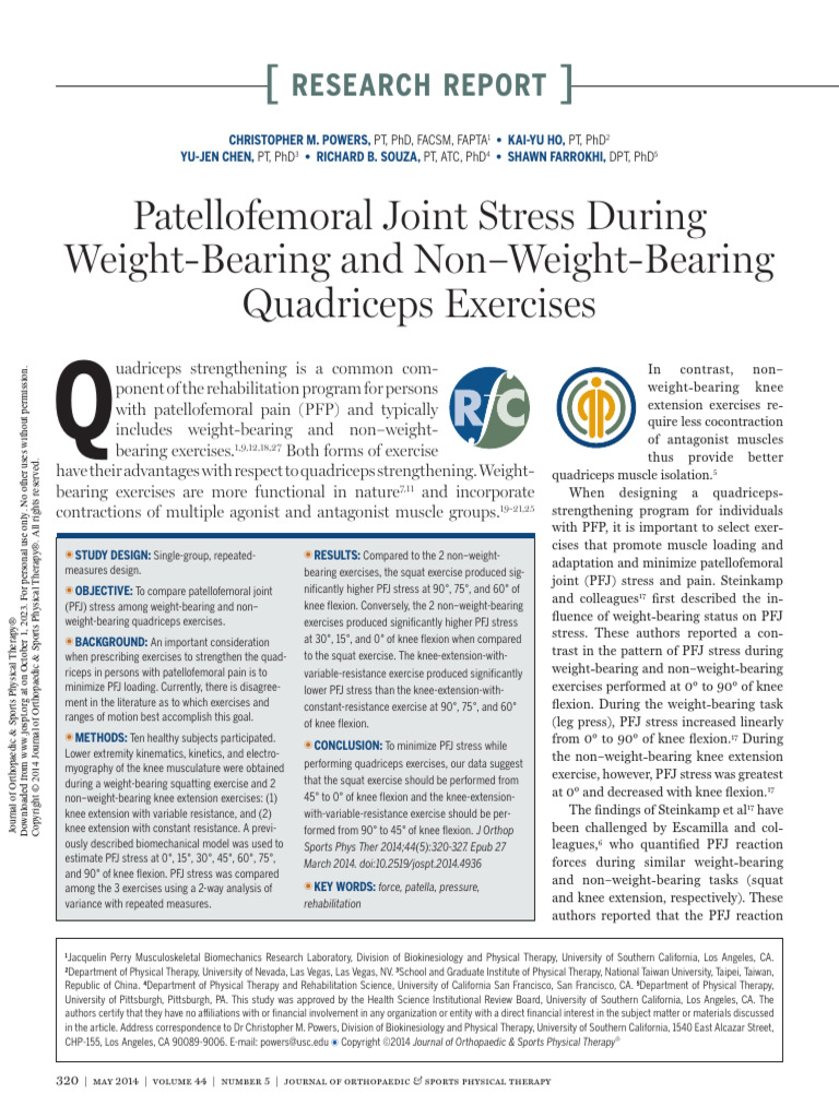 Powers Et Al 2014 Patellofemoral Joint Stress During Weight Bearing and ...