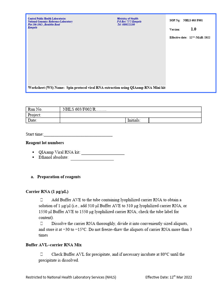 Nhls 603 F001 Spin Protocol Viral Rna Extraction Using Qiaamp Rna Mini
