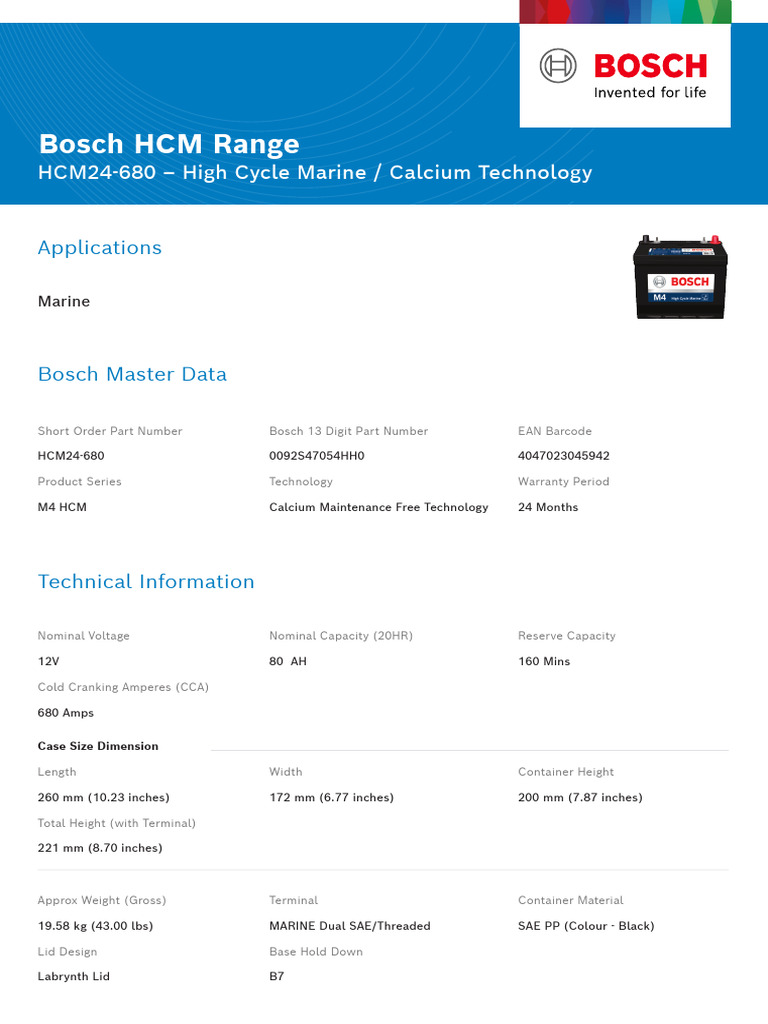 Bosch hcm24-680 Batery Specification Sheet-2 | PDF