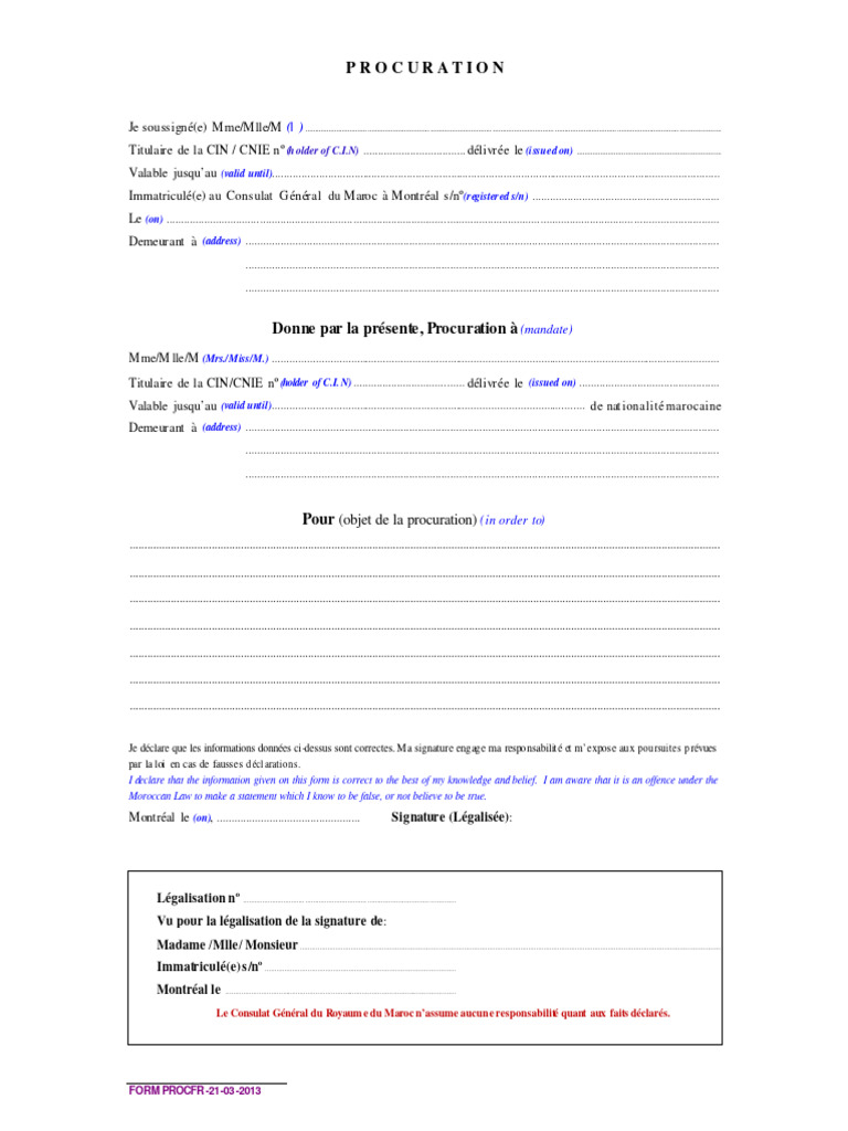 Modèle de procuration pour le Maroc | PDF