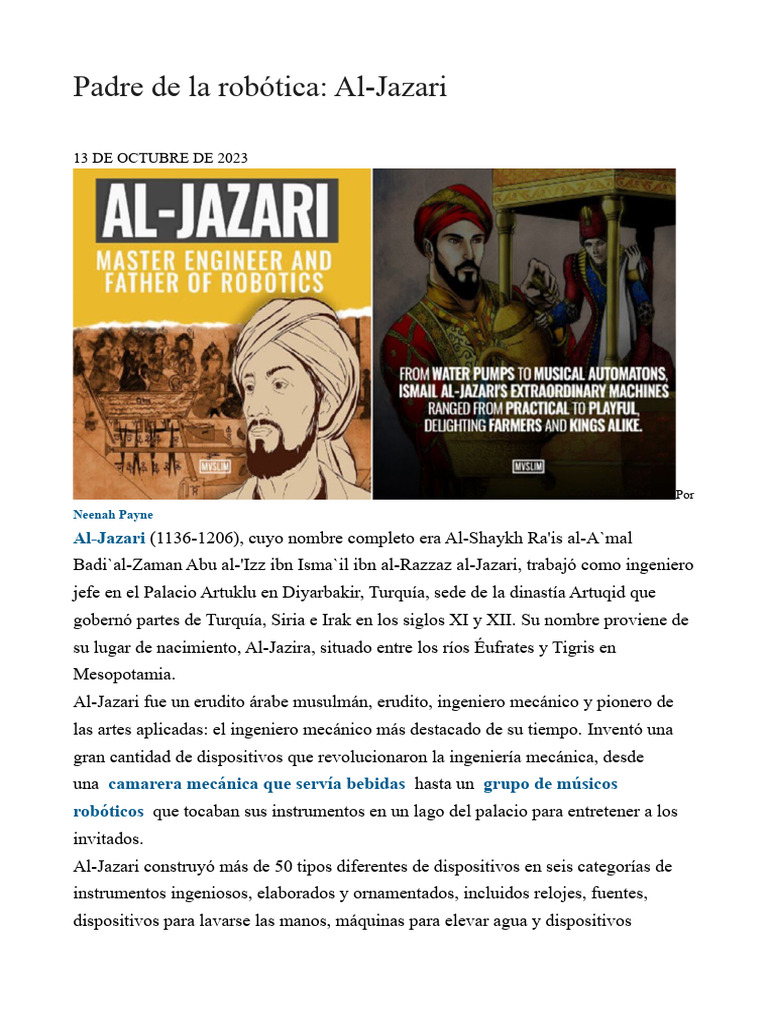 Al-Jazari: Pionero de la Robótica | PDF | Ingeniería | Robot