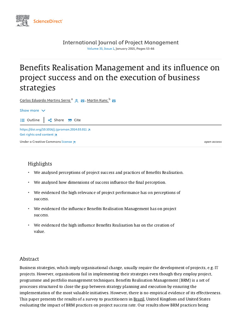 Benefits Realisation Management and Its Influence On Project Success ...