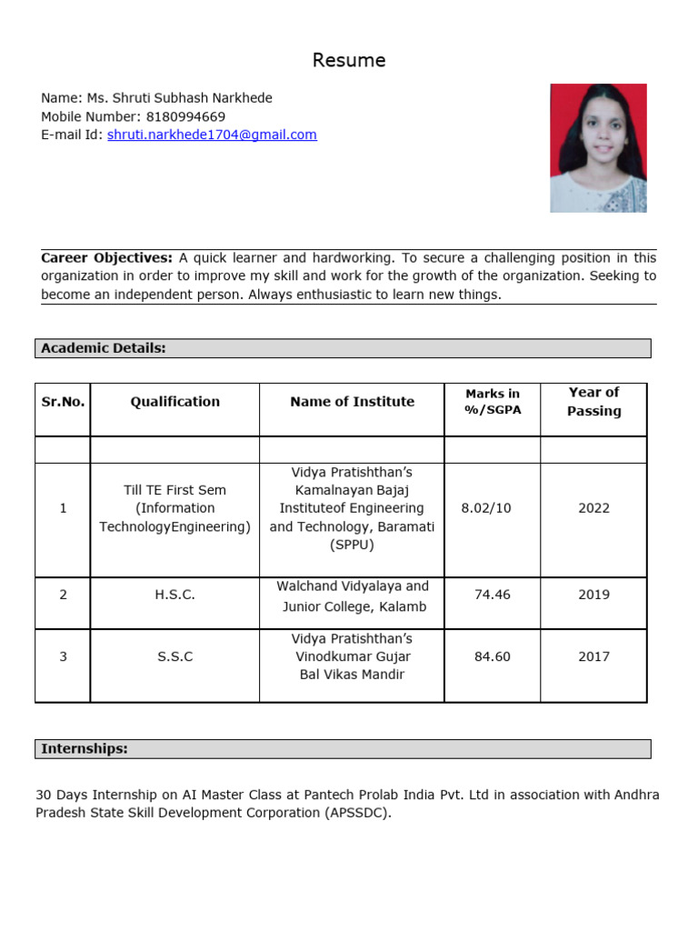 Resume of Shruti Narkhede - IT Graduate | PDF | Computer Science | Information Technology