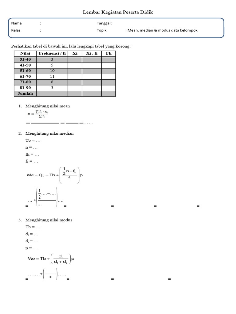 LKPD Mean Median Modus Data Kelompok | PDF
