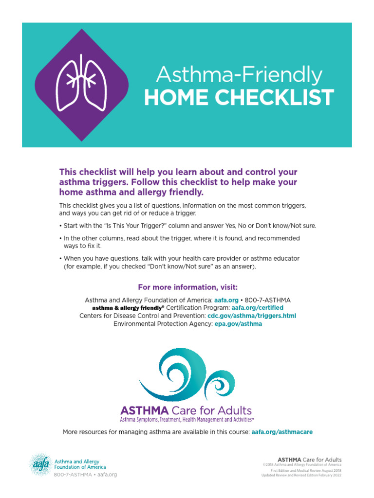 Asthma Care For Adults Lesson 2 Asthma Triggers Home Checklist | PDF ...