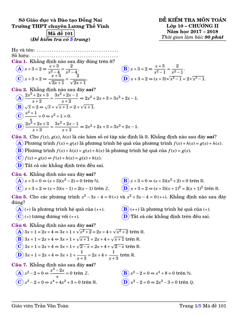 De Kiem Tra Dai So 10 Chuong 3 Truong THPT Chuyen Luong The Vinh Dong Nai | PDF