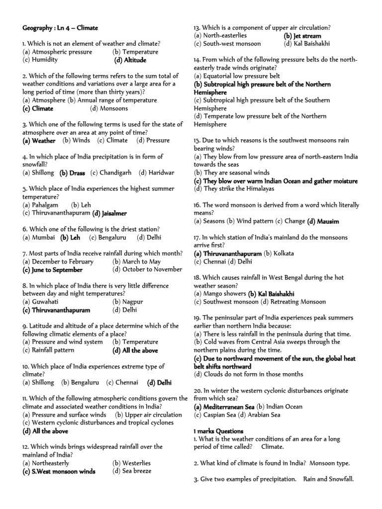9 Geo LN 4 Qns | PDF | Monsoon | Weather