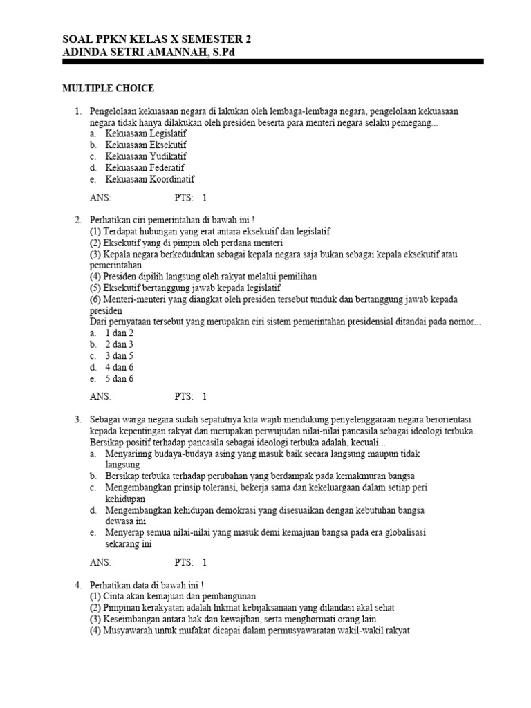 Soal PTS PKN Kelas X | PDF