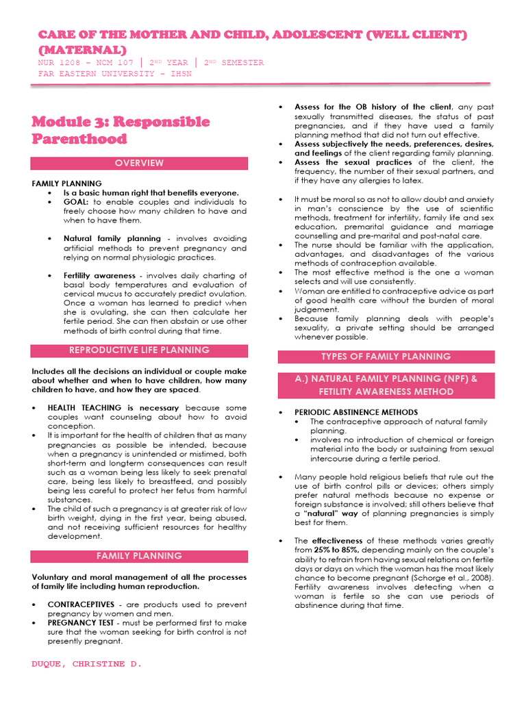 Module 3 - MCN Maternal | PDF | Combined Oral Contraceptive Pill | Birth Control