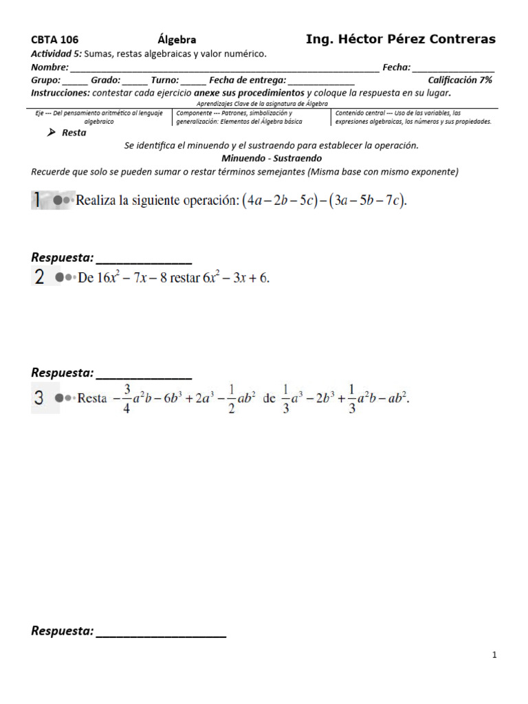 5 Sumas y Restas Algebraicas (Alg) | PDF | Sustracción | Álgebra