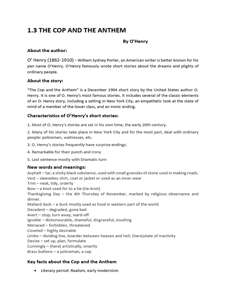 XII 1.3 The Cop and The Anthem | PDF