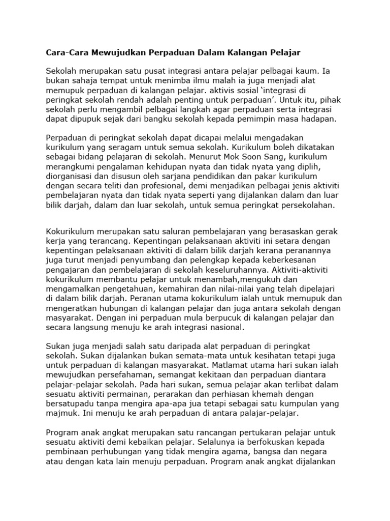 Cara-Cara Mewujudkan Perpaduan Dalam Kalangan Pelajar | PDF