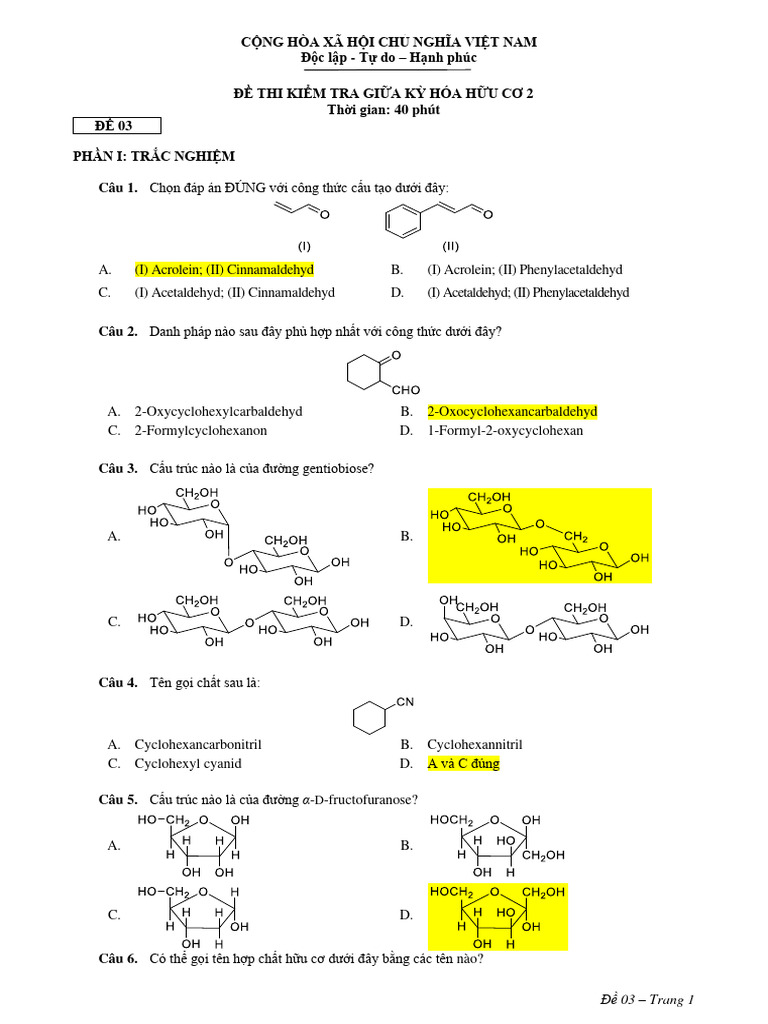 De Thi Giua Ky HHC2 03 CO DAP AN | PDF