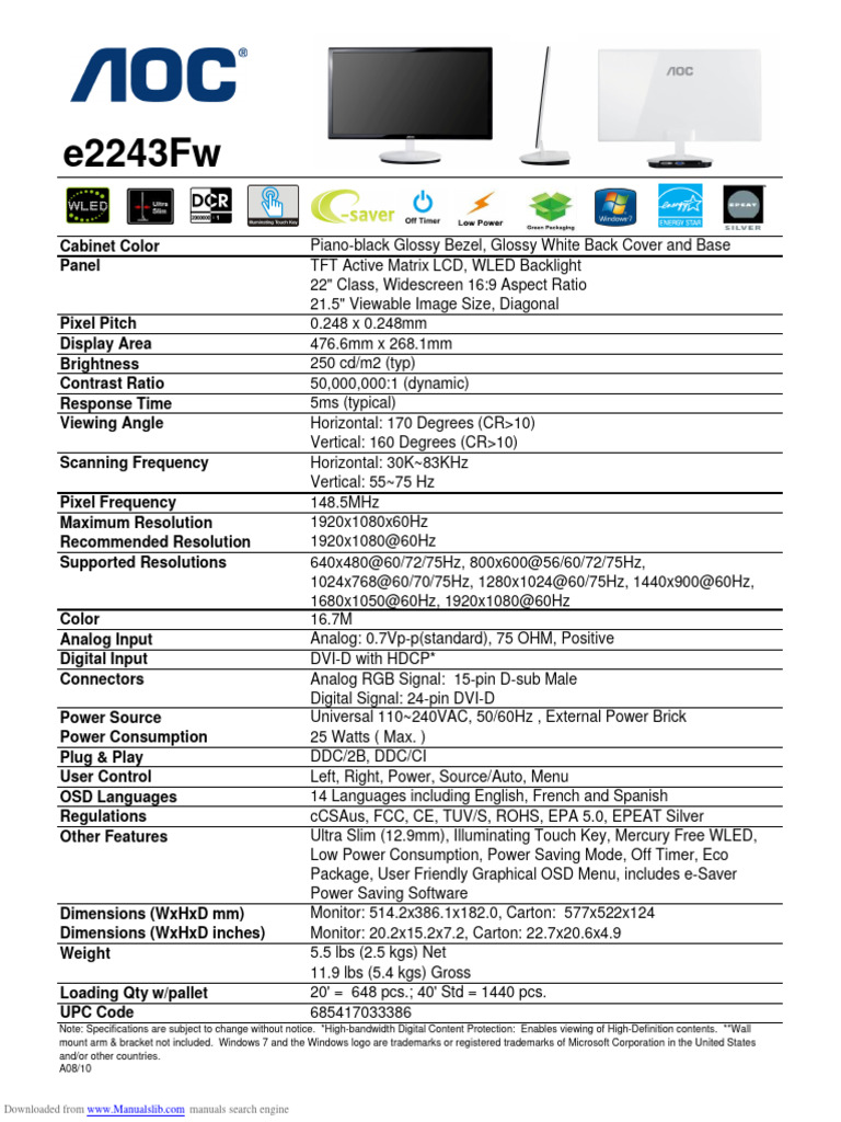 E2243fw Brochure | PDF | Display Resolution | Computer Monitor