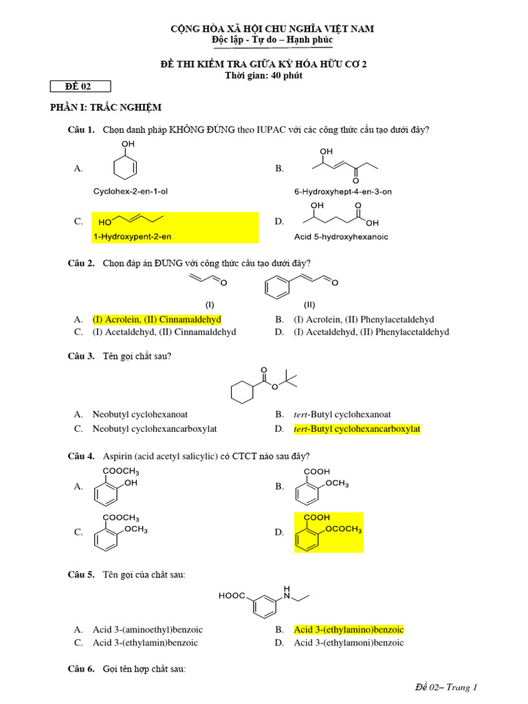De Thi Giua Ky HHC2 02 CO DAP AN | PDF