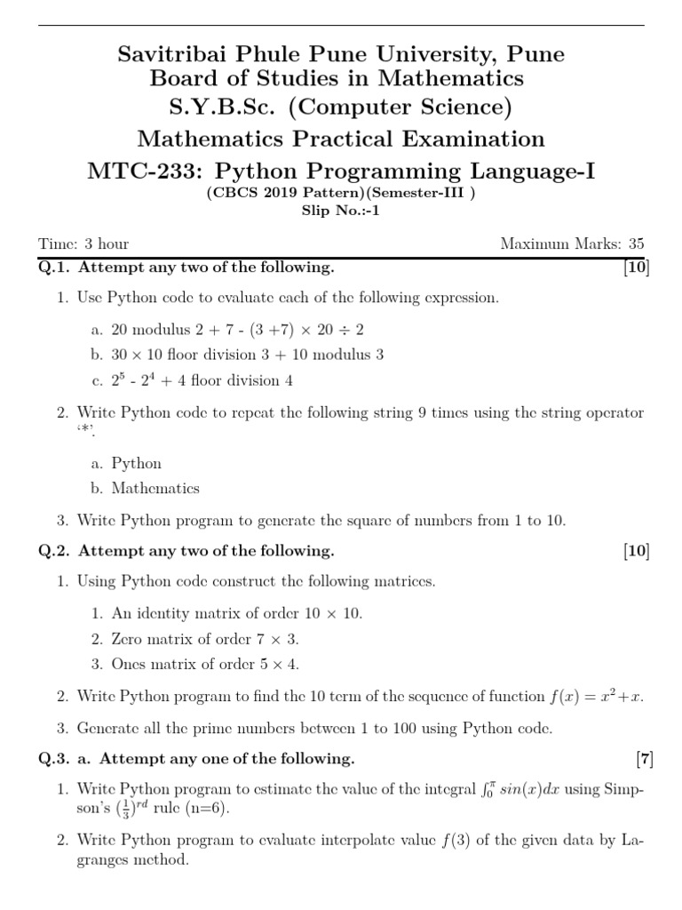 MTC-233 Python Programing Language I Slips Semester III | PDF | Matrix ...