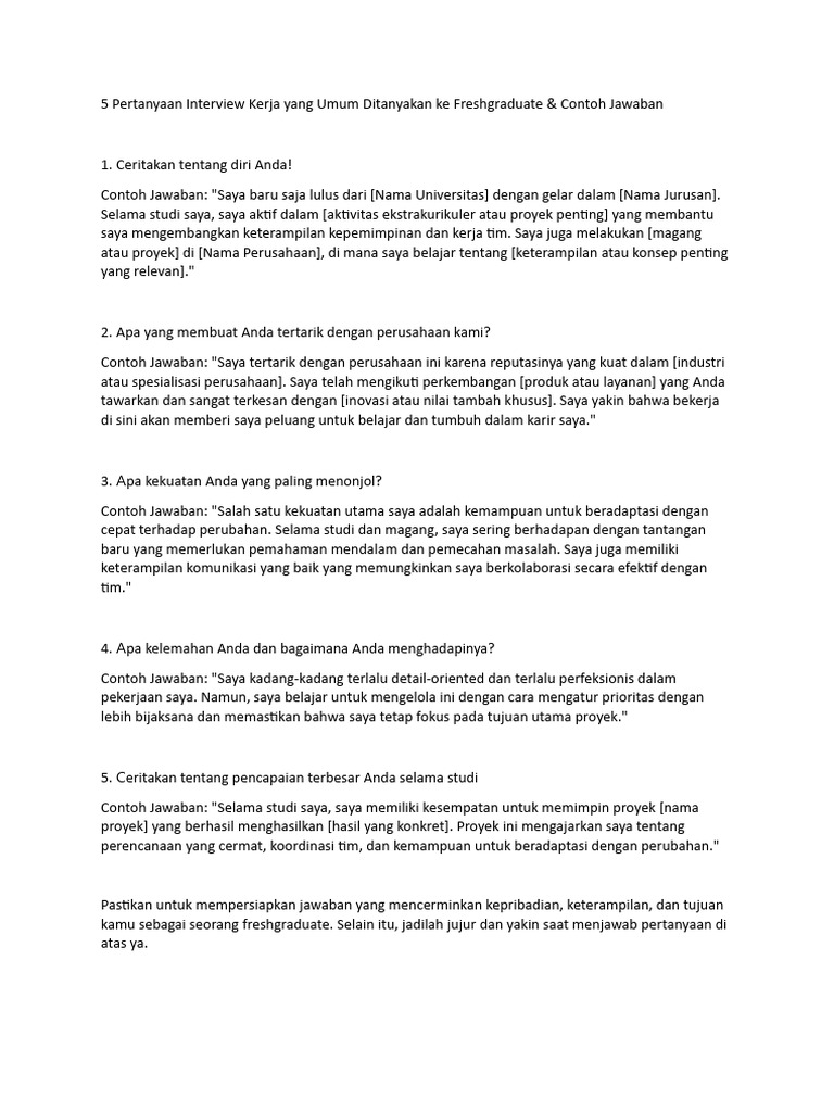 5 Pertanyaan Interview Fresh Graduate | PDF