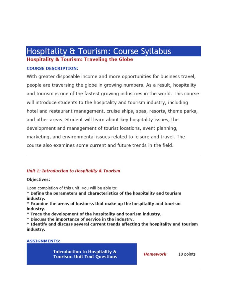Hospitality & Tourism: Course Syllabus | PDF | Tourism