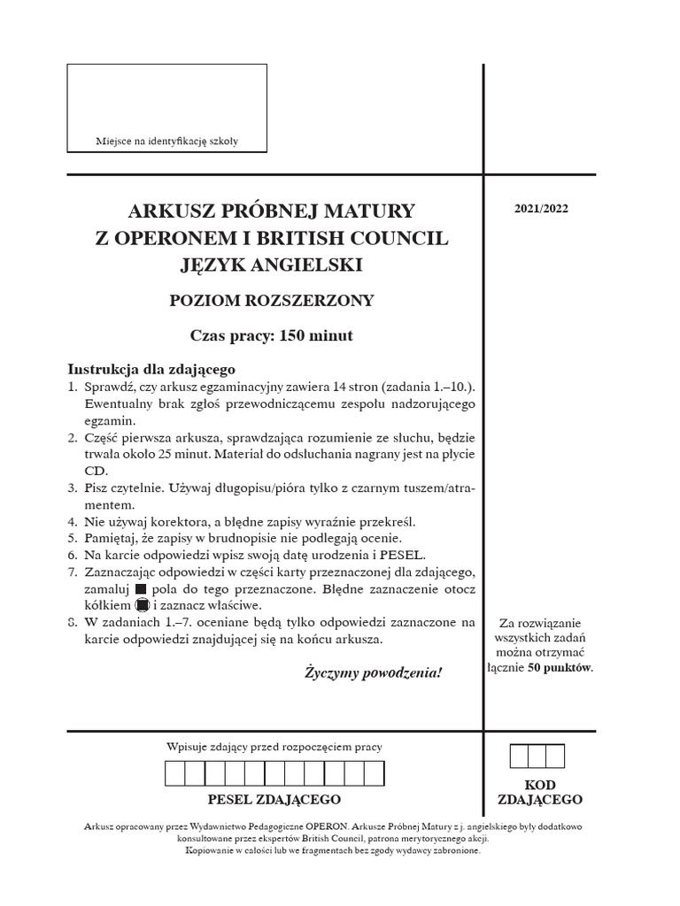 Matura 2021 Angielski PR Arkusz I Karta Odp | PDF