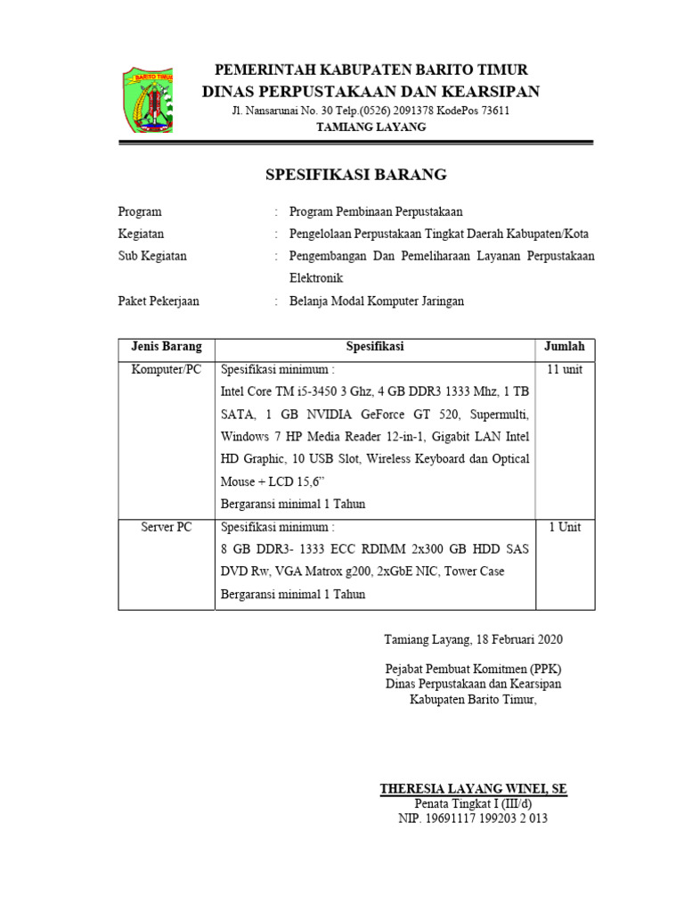 Spesifikasi Belanja Modal Komputer Jaringan | PDF
