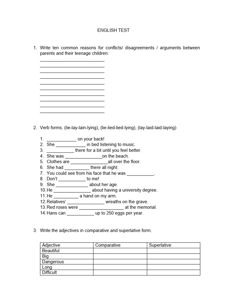 English Test: Conflicts, Verbs, Adjectives | PDF | Adjective | Syntax