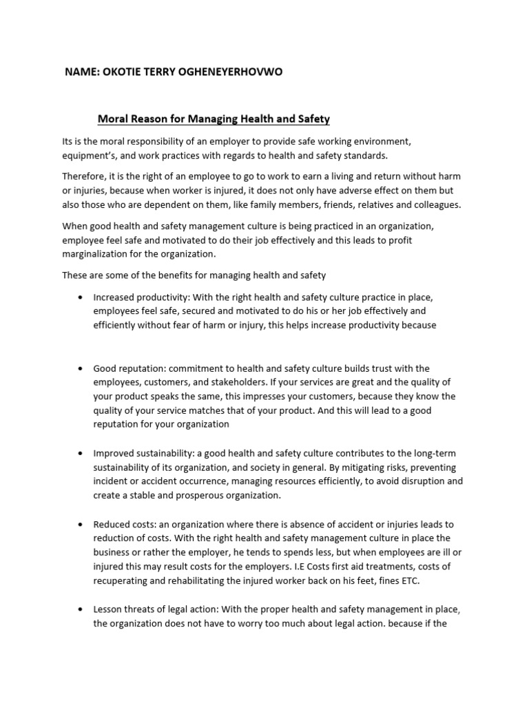 Moral Imperatives for Health and Safety | PDF | Occupational Safety And ...