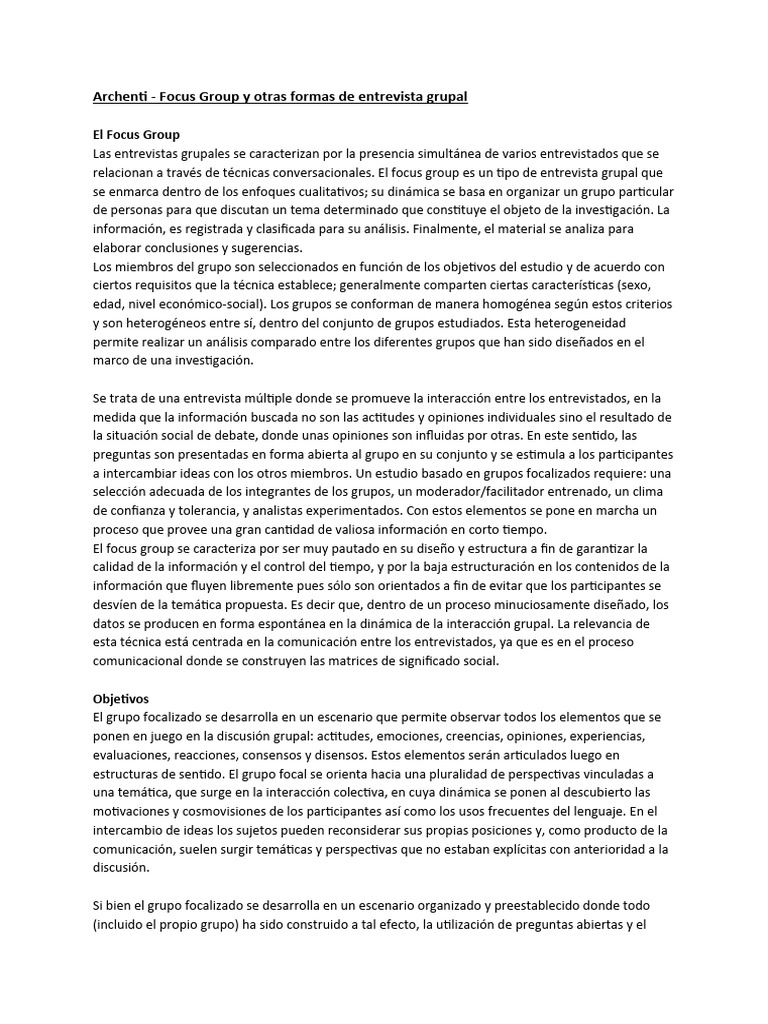 Archenti - Focus Group y Otras Formas de Entrevista Grupal | PDF ...