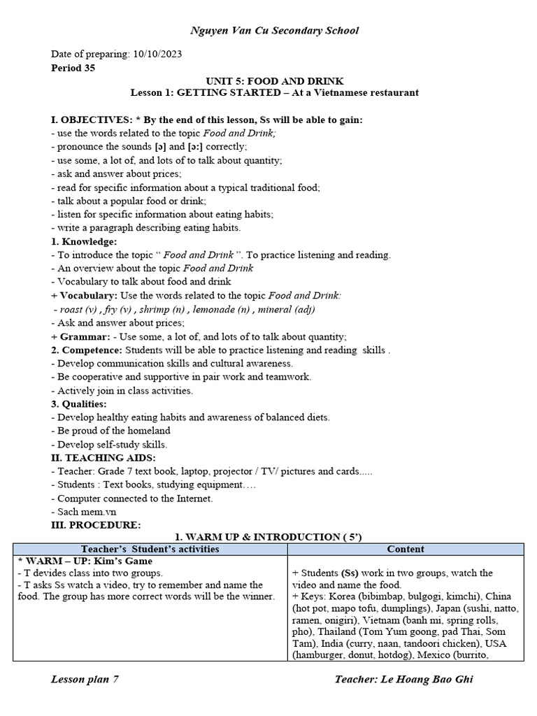 Unit 5 - Lesson 1 - Getting Started | PDF | Vocabulary | Cooking