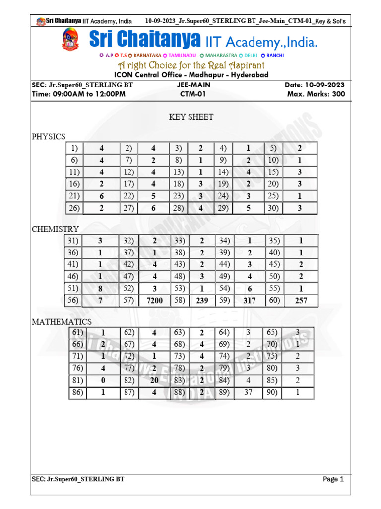 10-09-2023 - JR - Super60 - STERLING BT - Jee-Main - CTM-01 - Key & Sol's | PDF | Physical ...