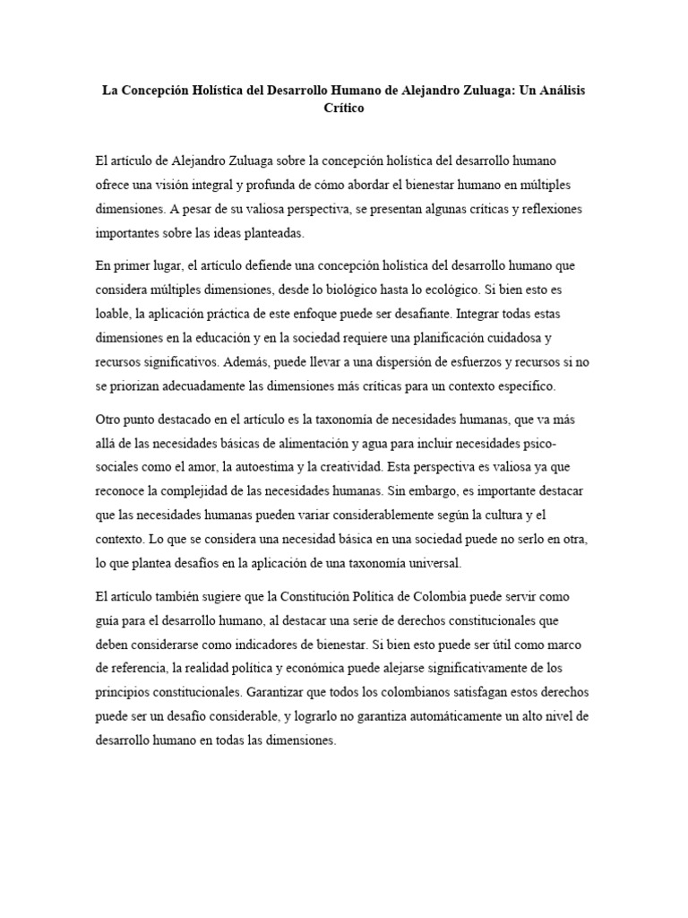 La Concepción Holística Del Desarrollo Humano de Alejandro Zuluaga | PDF