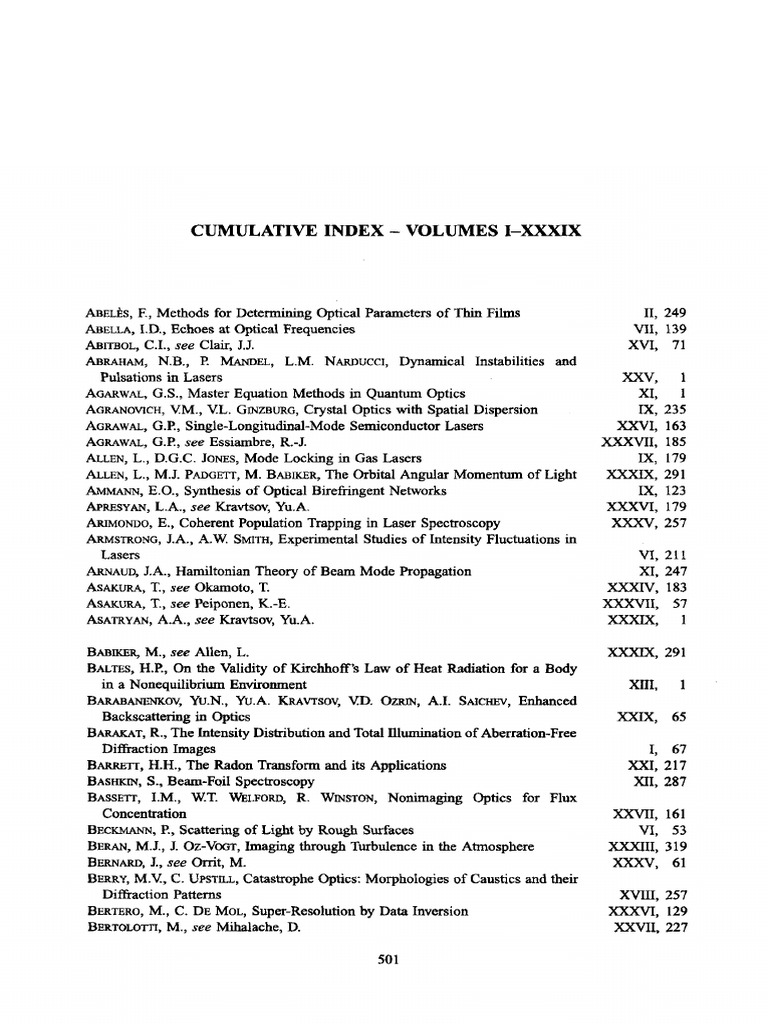 Cumulative Index - Volumes I XXXIX - 1999 - Progress in Optics | PDF | Optics | Interferometry