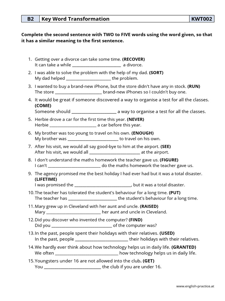 Key Word Transformation - PDF Vocabulary Worksheet - B2 - KWT002 | PDF ...