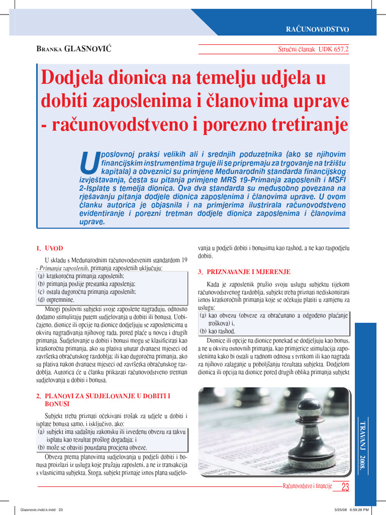 Dodjela Dionica Na Temelju Udjela U Dobiti Zaposlenima I Članovima Uprave - Računovodstveno I ...