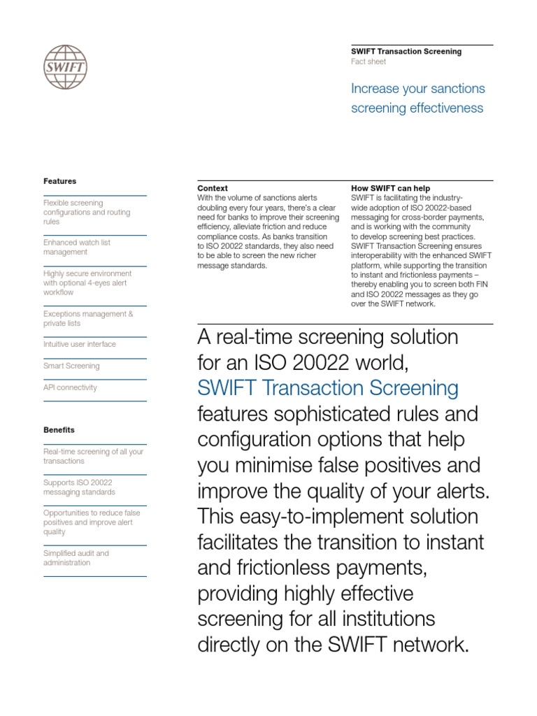 Swift Transaction Screening Factsheet 57508 v5 | PDF