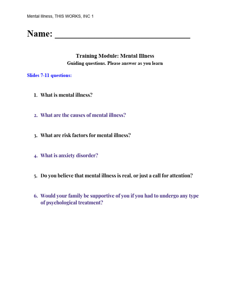 Mental Illness Worksheets | PDF | Career & Growth