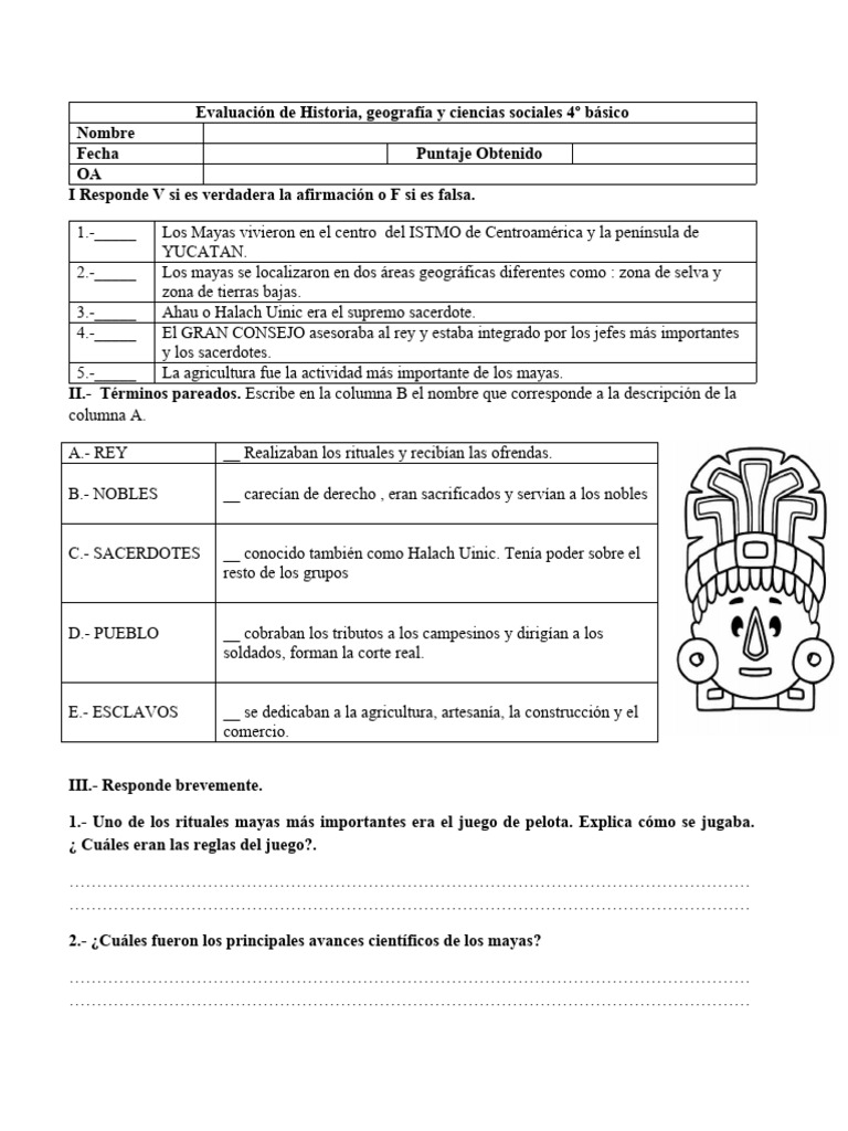 Evaluación 4º Básico - Los Mayas | PDF | Civilización maya