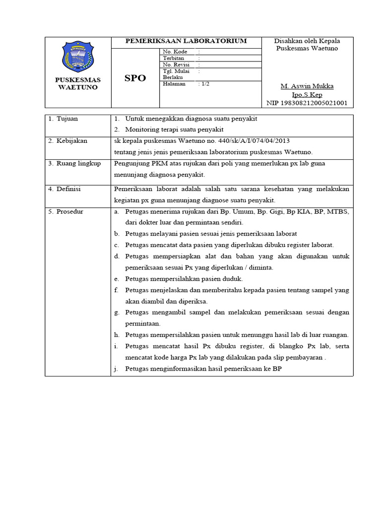 8.1.1 Spo Pemeriksaan Lab | PDF