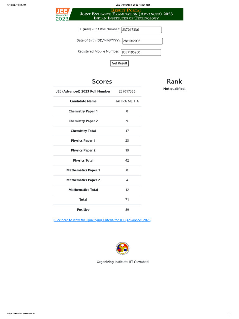 JEE Advanced 2023 Scorecard Details | PDF