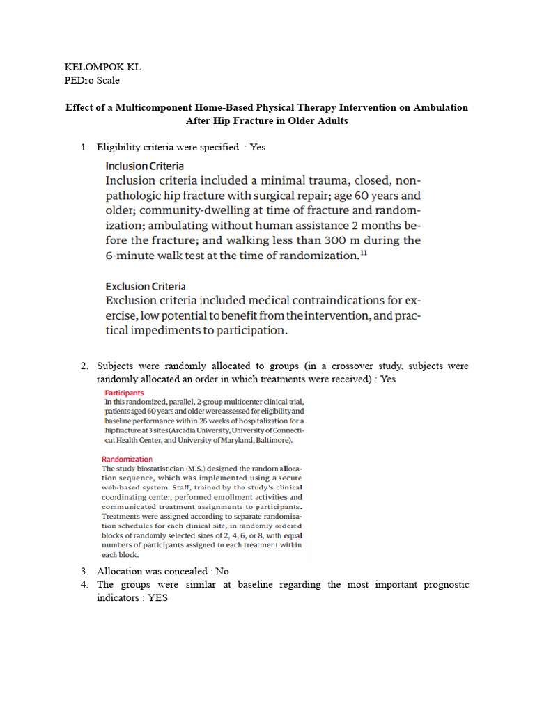 PEDro Scale Kelompok KL | PDF | Health Research | Medical Treatments