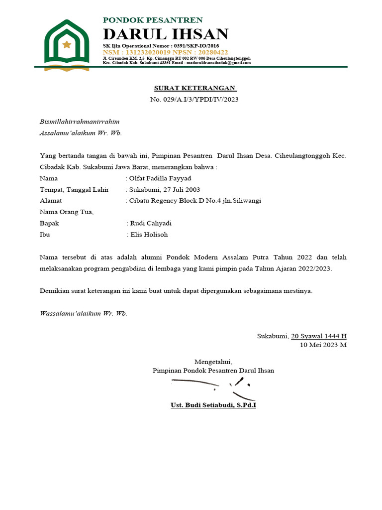 Surat Keterangan Alumni Pesantren Darul Ihsan | PDF