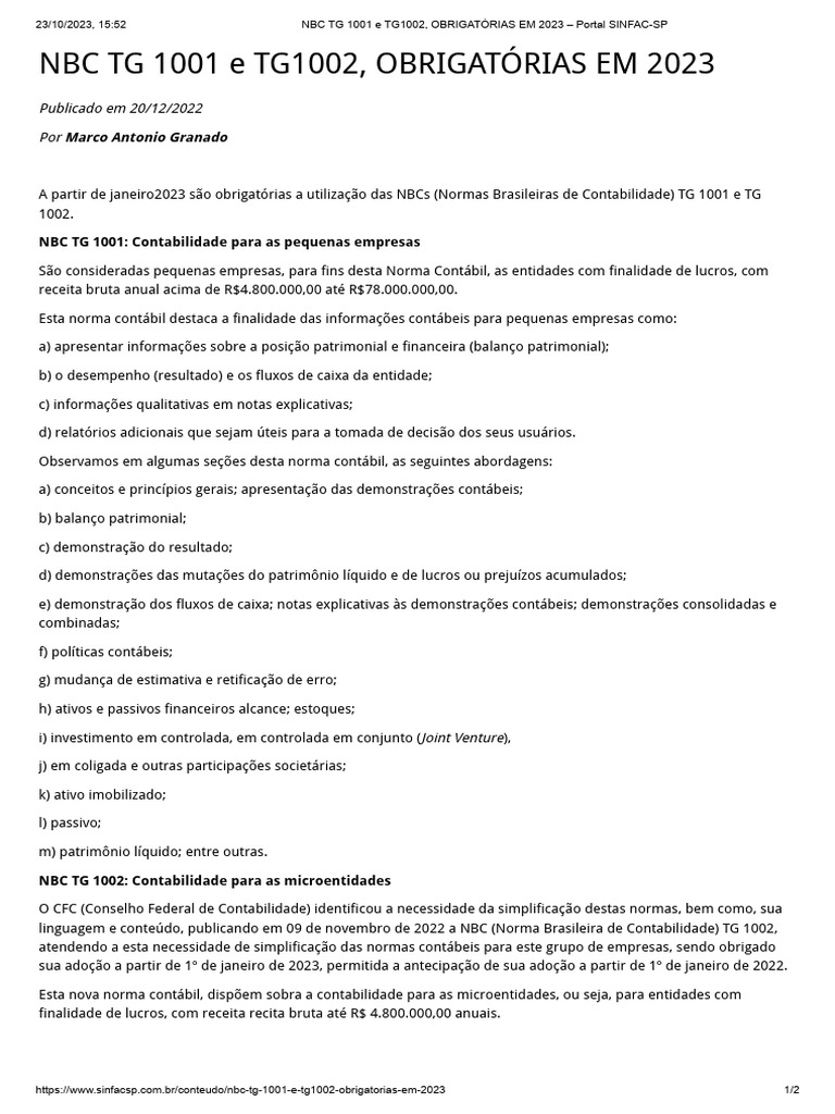 NBC TG 1001 e TG1002, OBRIGATÓRIAS EM 2023 - Portal SINFAC-SP | PDF ...
