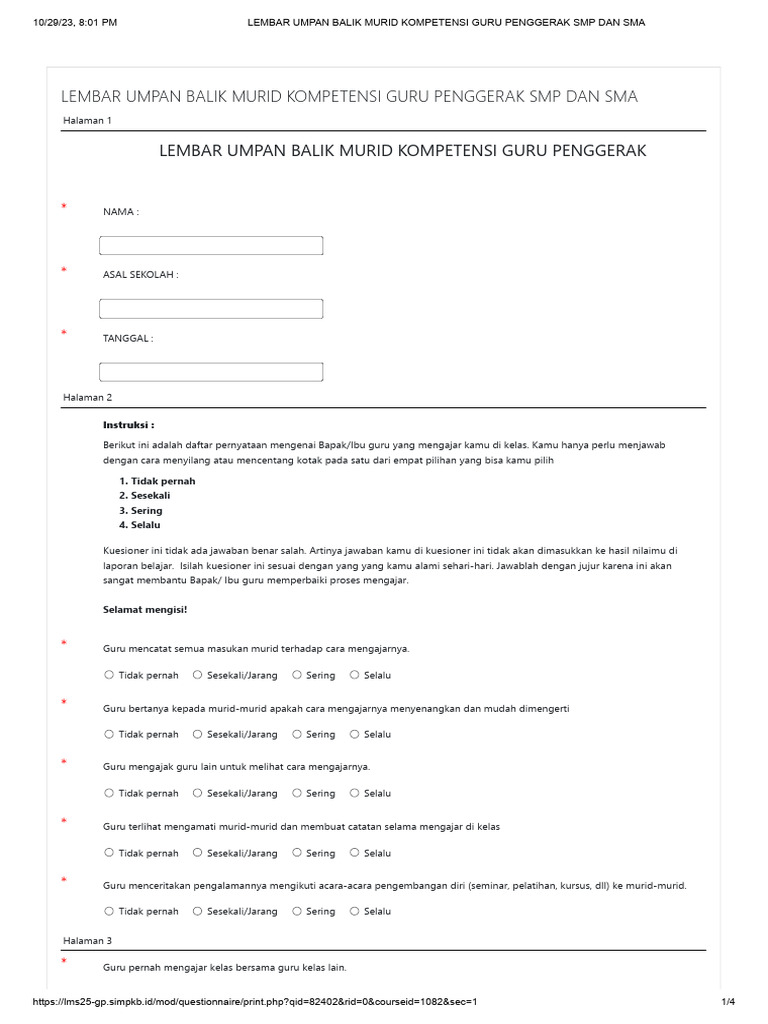 Lembar Umpan Balik Murid Kompetensi Guru Penggerak SMP Dan Sma | PDF | Karier & Perkembangan ...
