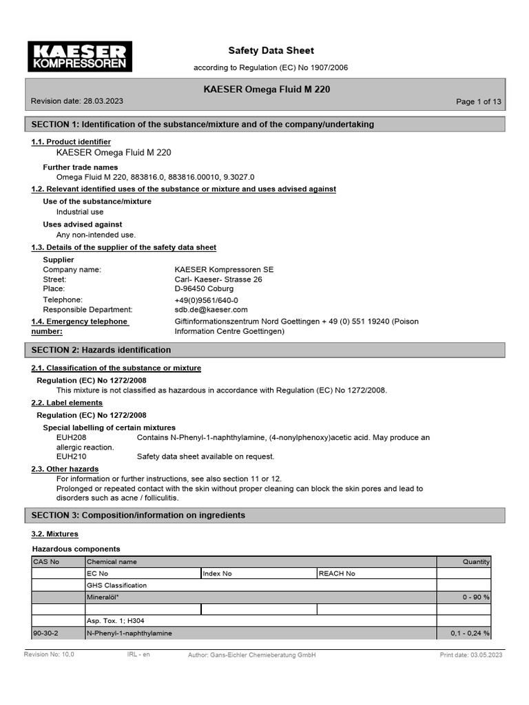 KAESER Omega Fluid M 220 Safety Data Sheet | PDF | Dangerous Goods | Waste