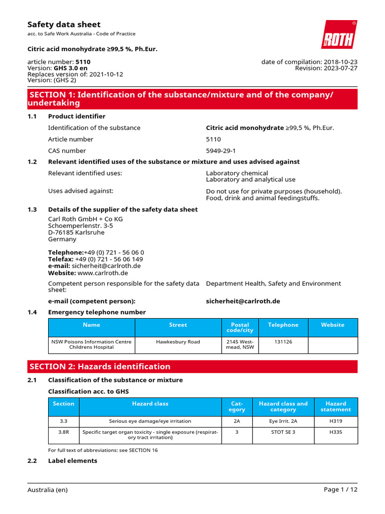 MSDS Citric Oxide | PDF | Toxicity | Dangerous Goods