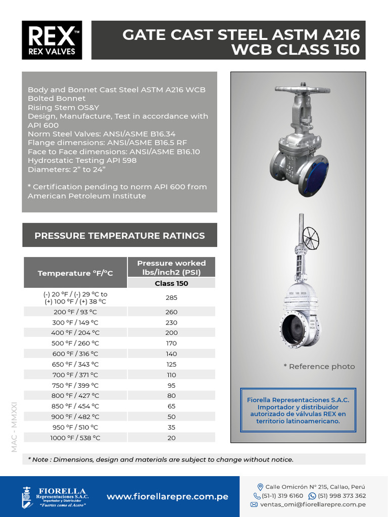 Gate Cast Steel Astm A216 WCB Class 150: Pressure Temperature Ratings ...