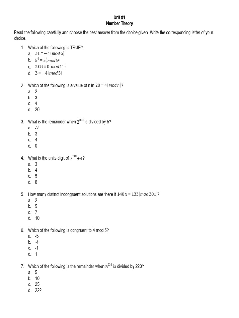 Drill 1 Number Theory | PDF | Mathematics | Mathematical Objects